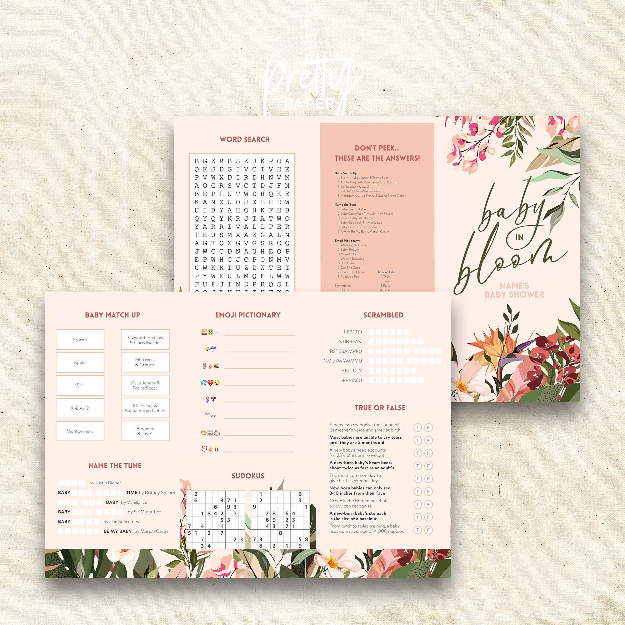 Baby Shower Games Handout Leaflet Pink Green Exotic Floral baby in ...