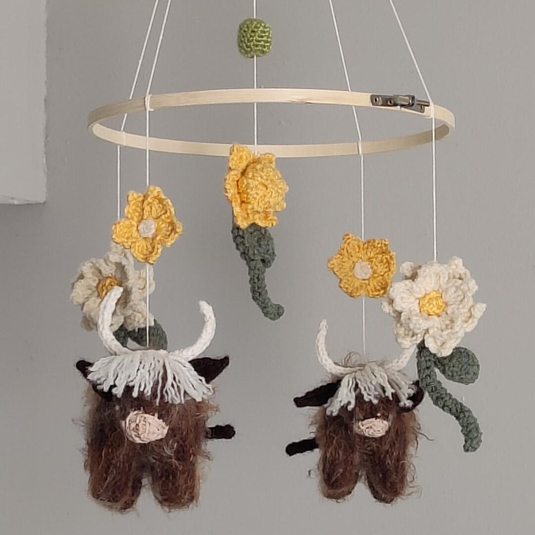 Ready to Ship Cow Crib Mobile, Handknitted Longhorn Highland Brown Cows ...