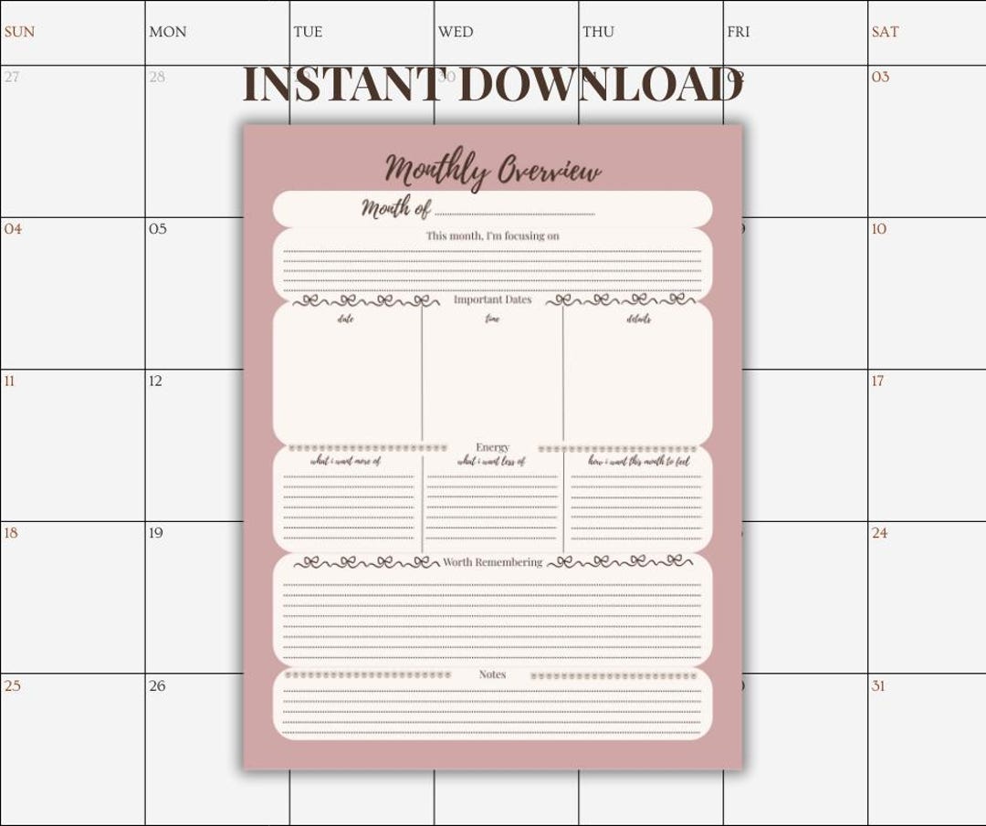 Monthly Overview Planner Printable | Soft Monthly Reflection & Planning ...