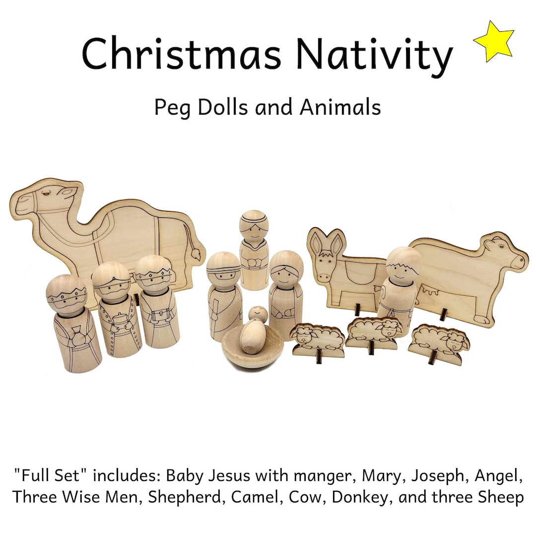 Christmas Peg Doll Nativity Set - Baby Jesus With Manger, Mary, Joseph ...