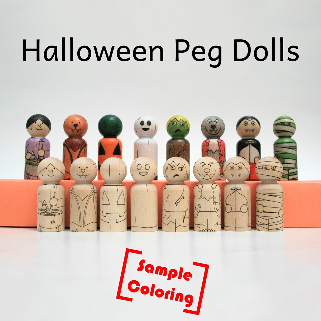 Halloween Peg Doll Set - Wooden Toy/decor - Mummy Pumpkin Witch Vampire ...