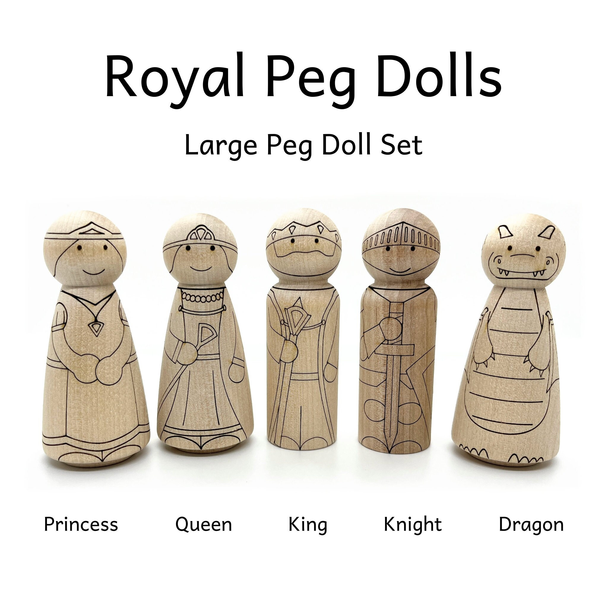 Large Royal Peg Doll Set - Wooden Characters - King / Queen / Princess ...