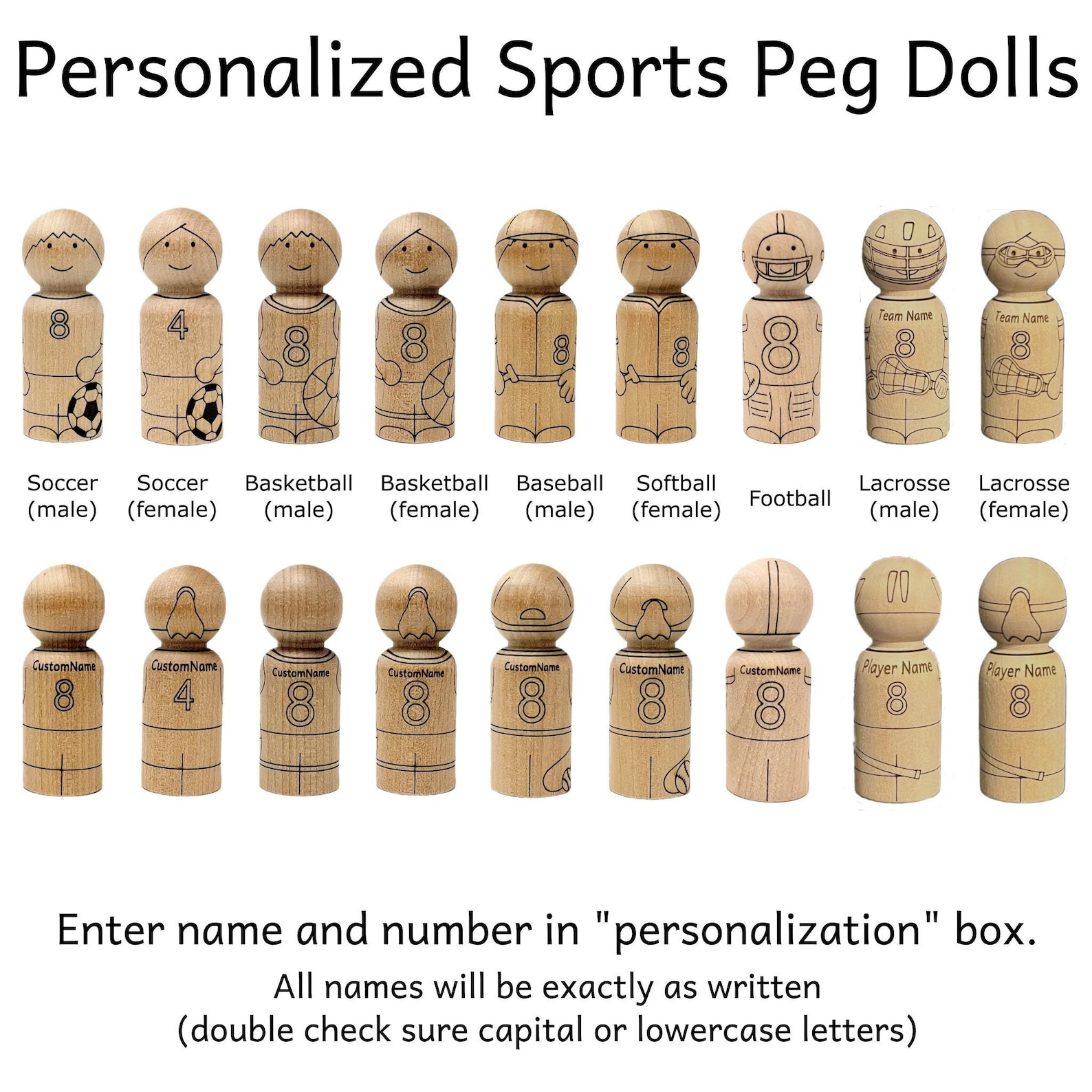 Personalized Sports Peg Dolls - Custom Name and Number - Soccer ...