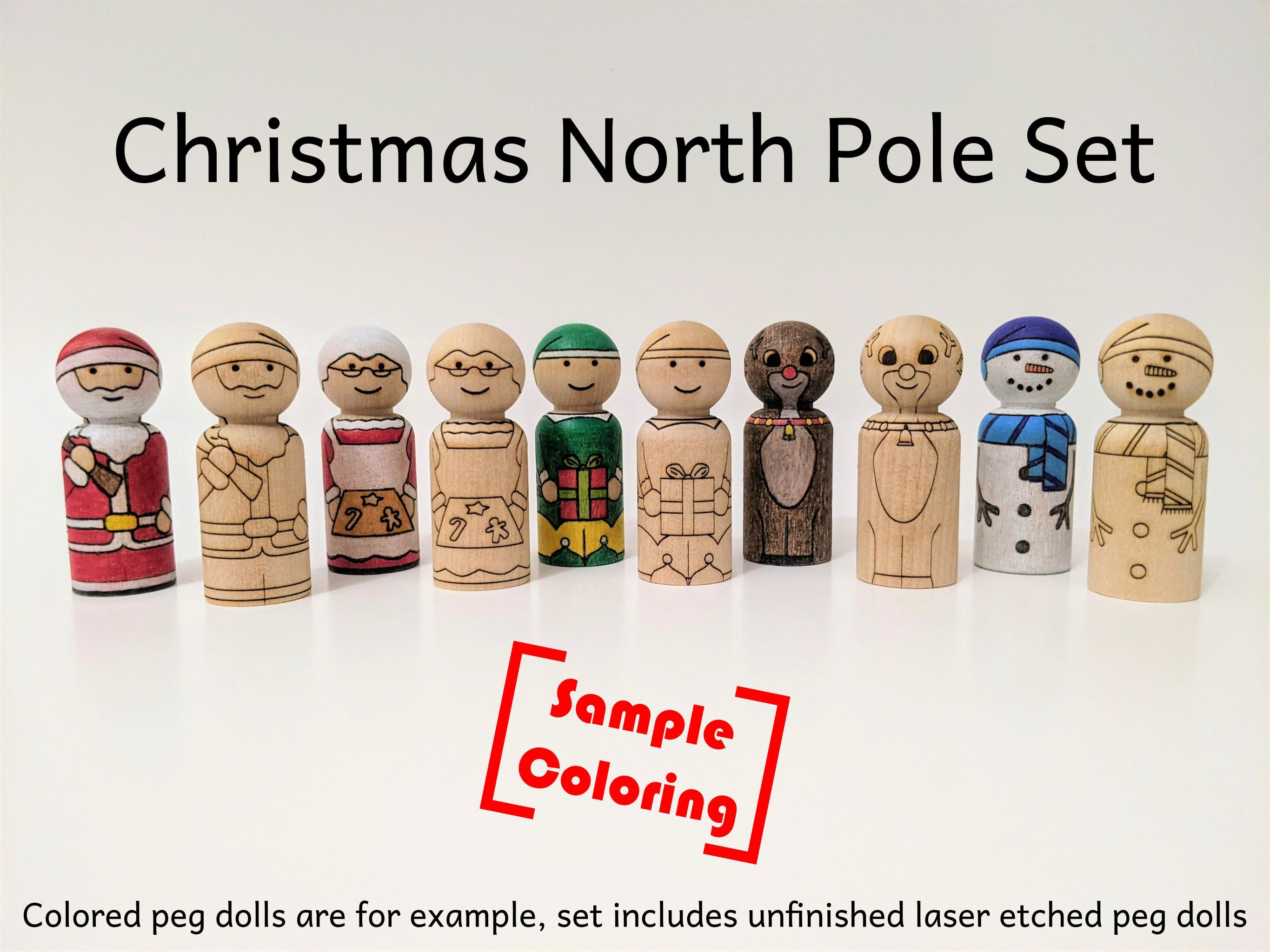 Christmas Peg Doll North Pole Set - Santa Claus, Mrs. Claus, Reindeer ...
