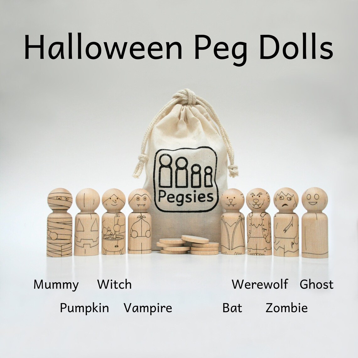 Halloween Peg Doll Set Wooden Toy/decor Mummy Pumpkin - Etsy