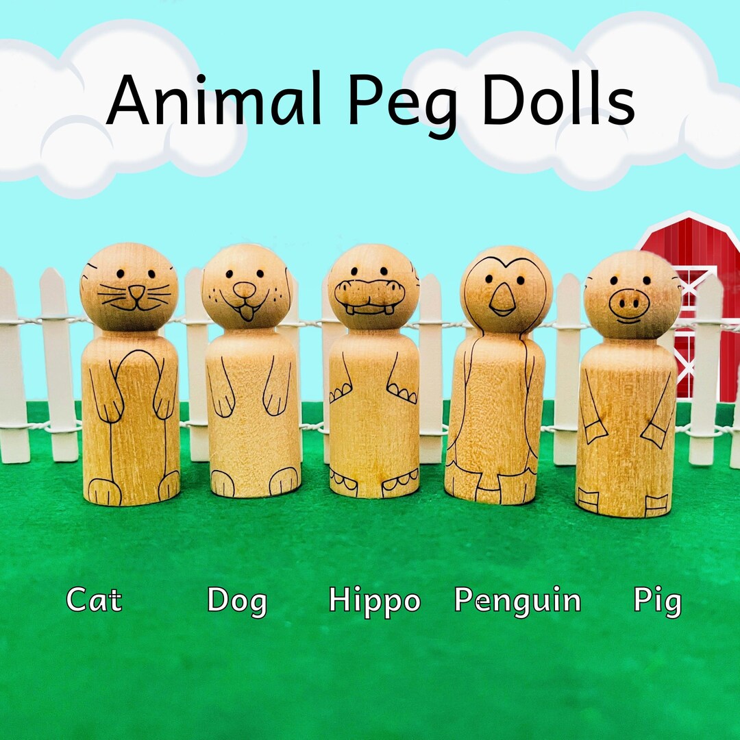 Animal Peg Doll Set - Natural Wooden Toy/decor - Cat/kitty/kitten Dog ...