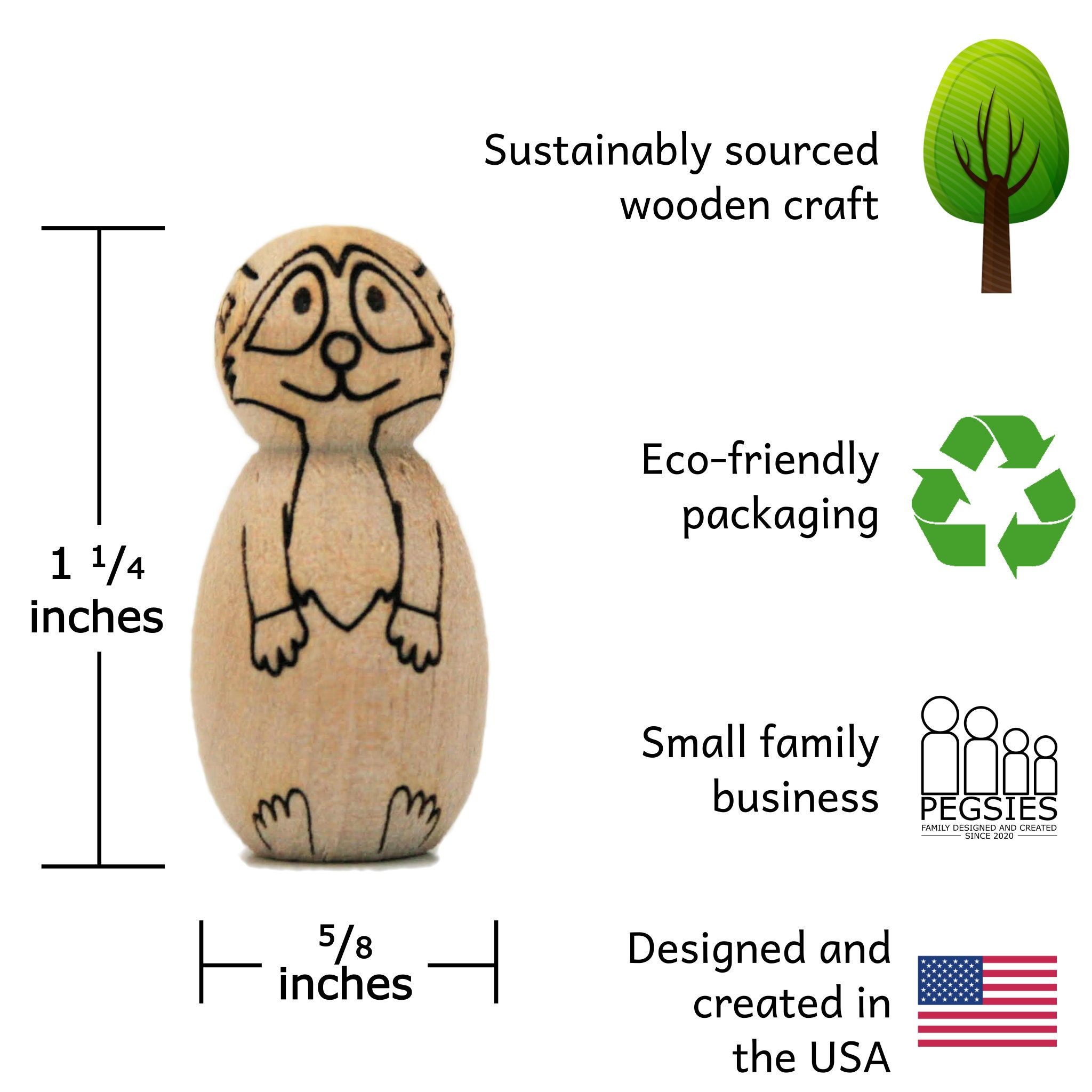 Miniature Animals - Wooden Mini Peg Doll Characters - Cat Koala Raccoon ...