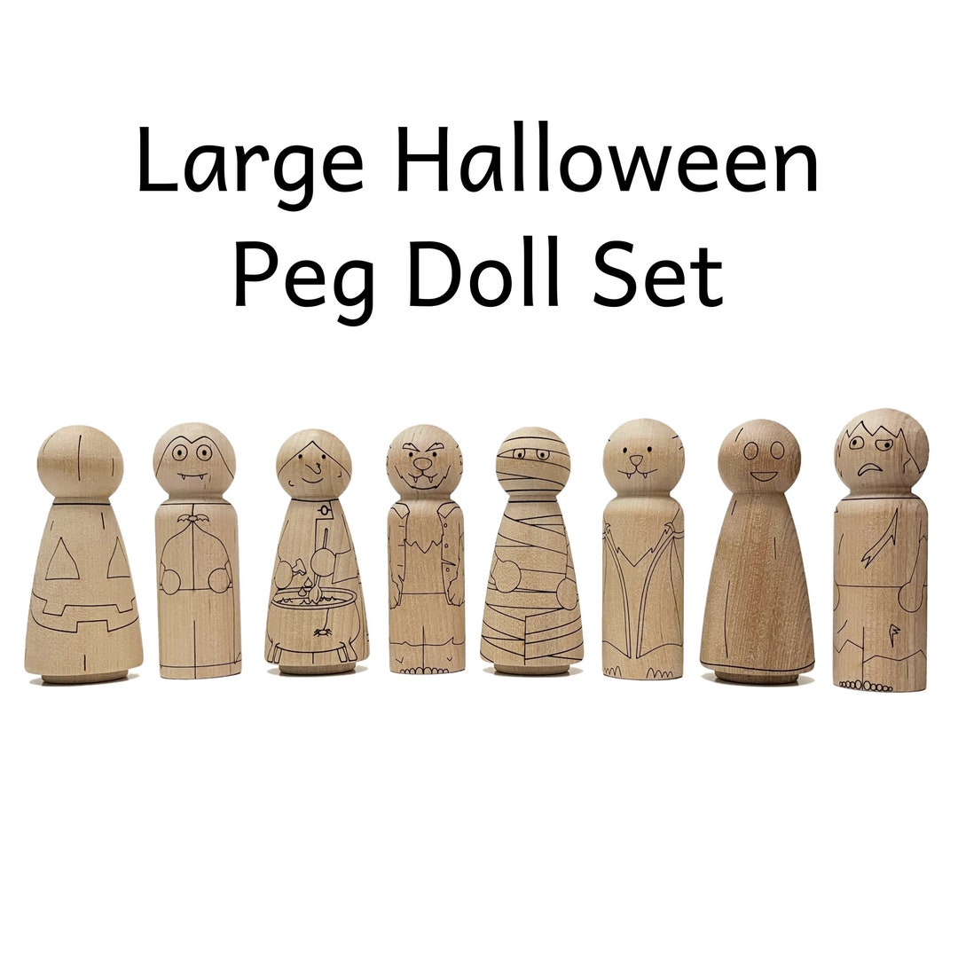 Large Halloween Peg Doll Set - Wooden Toy/decor - Mummy Pumpkin Witch ...