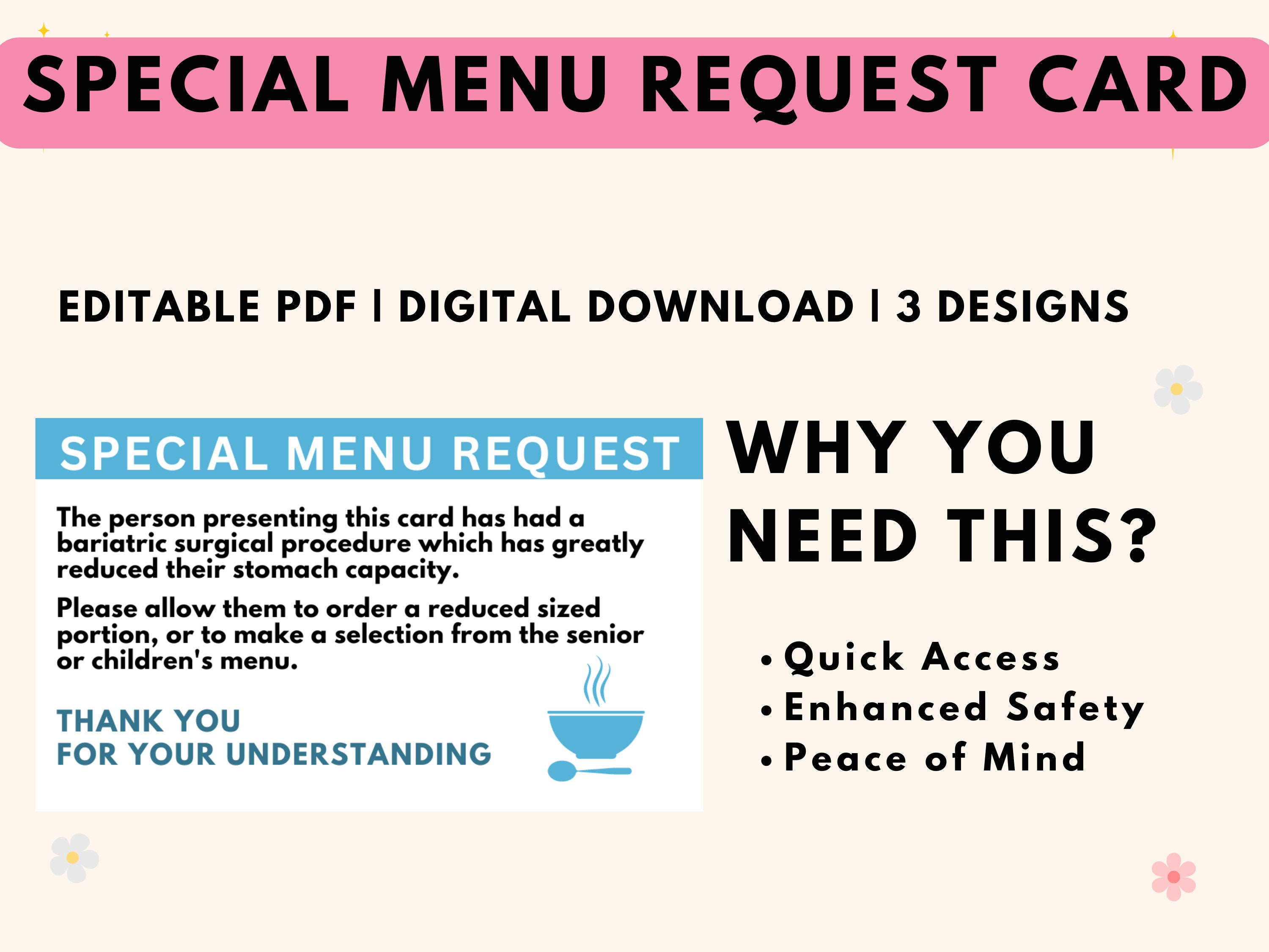 Bariatric Surgery Menu Request Card - Gastric Sleeve Bypass Band ...