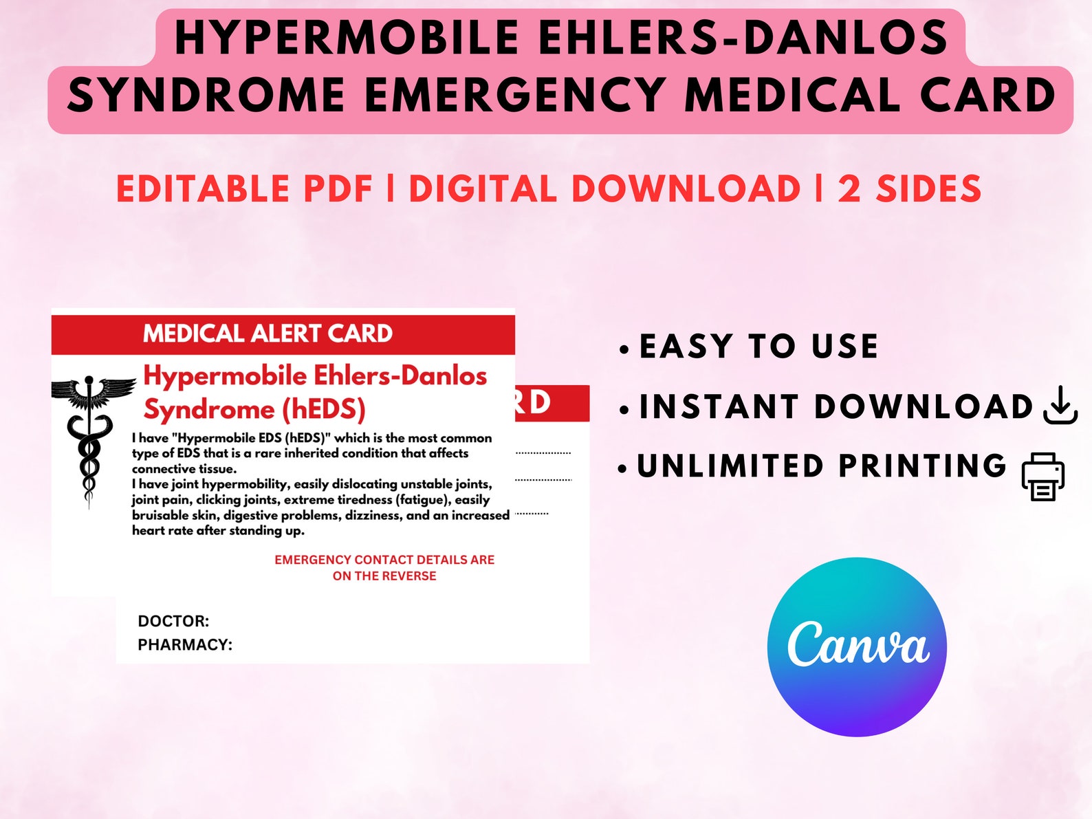 Heds Awareness Emergency Medical ID Card | Health ID Card | Hypermobile ...