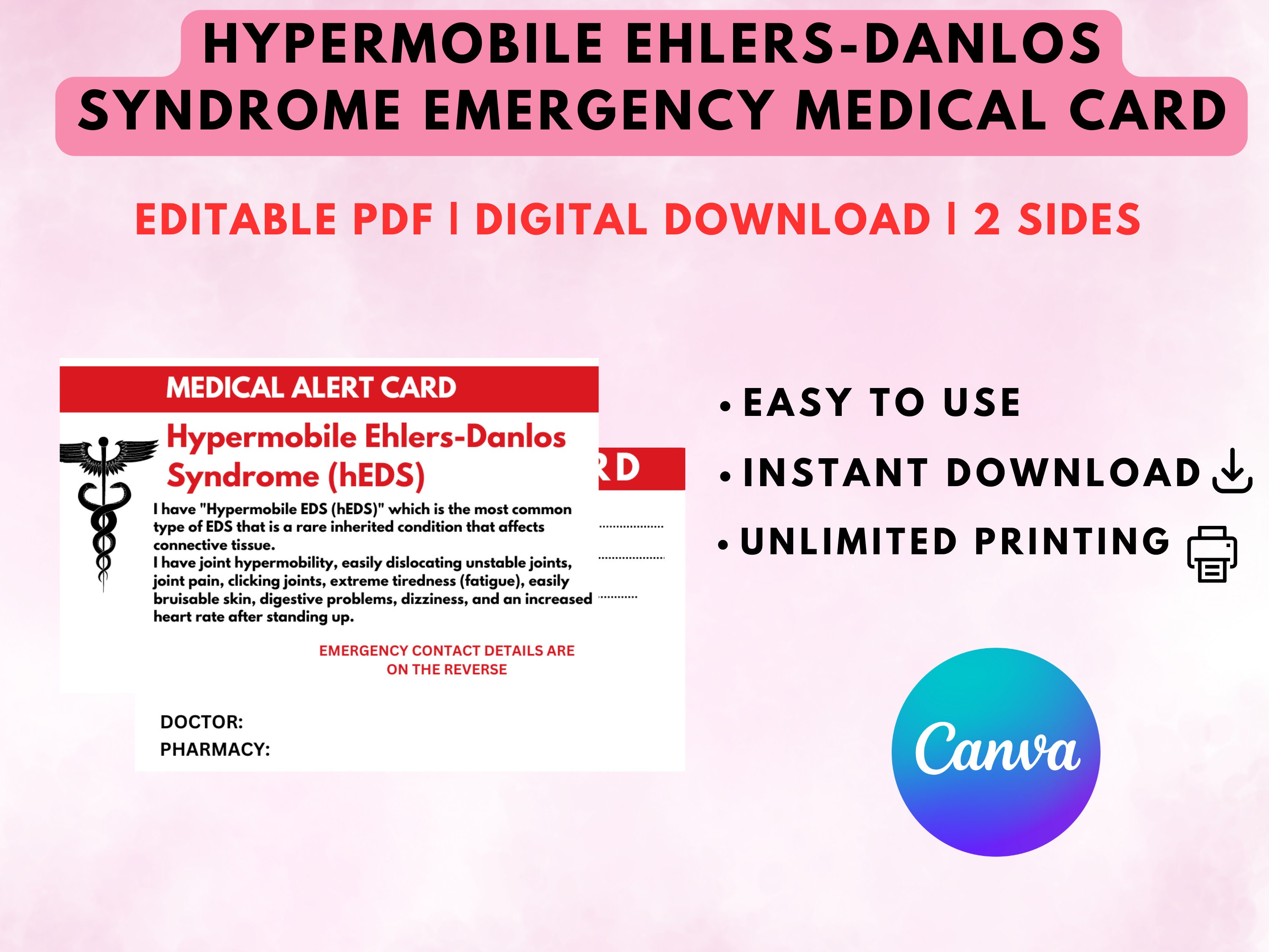 Heds Awareness Emergency Medical ID Card | Health ID Card | Hypermobile ...