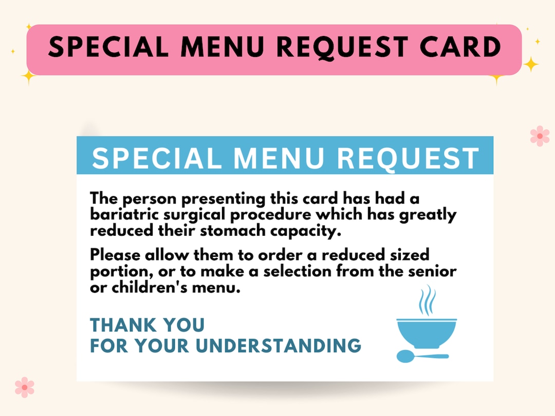 Bariatric Surgery Menu Request Card - Gastric Sleeve Bypass Band ...