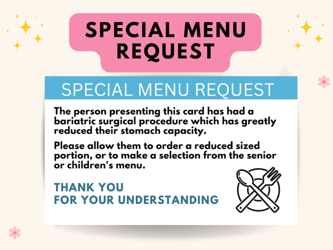 Bariatric Surgery Menu Request Card - Gastric Sleeve Bypass Band ...