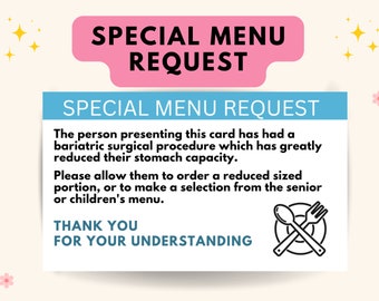 Bariatric Surgery Menu Request Card - Gastric Sleeve Bypass Band ...