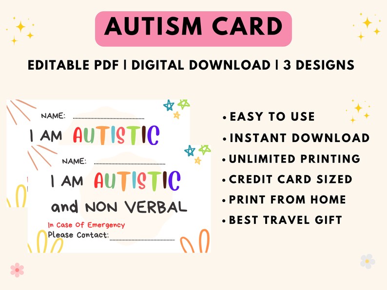 Autism ID Medical Card I Am Autistic and Non Verbal Autism Alert Card ...