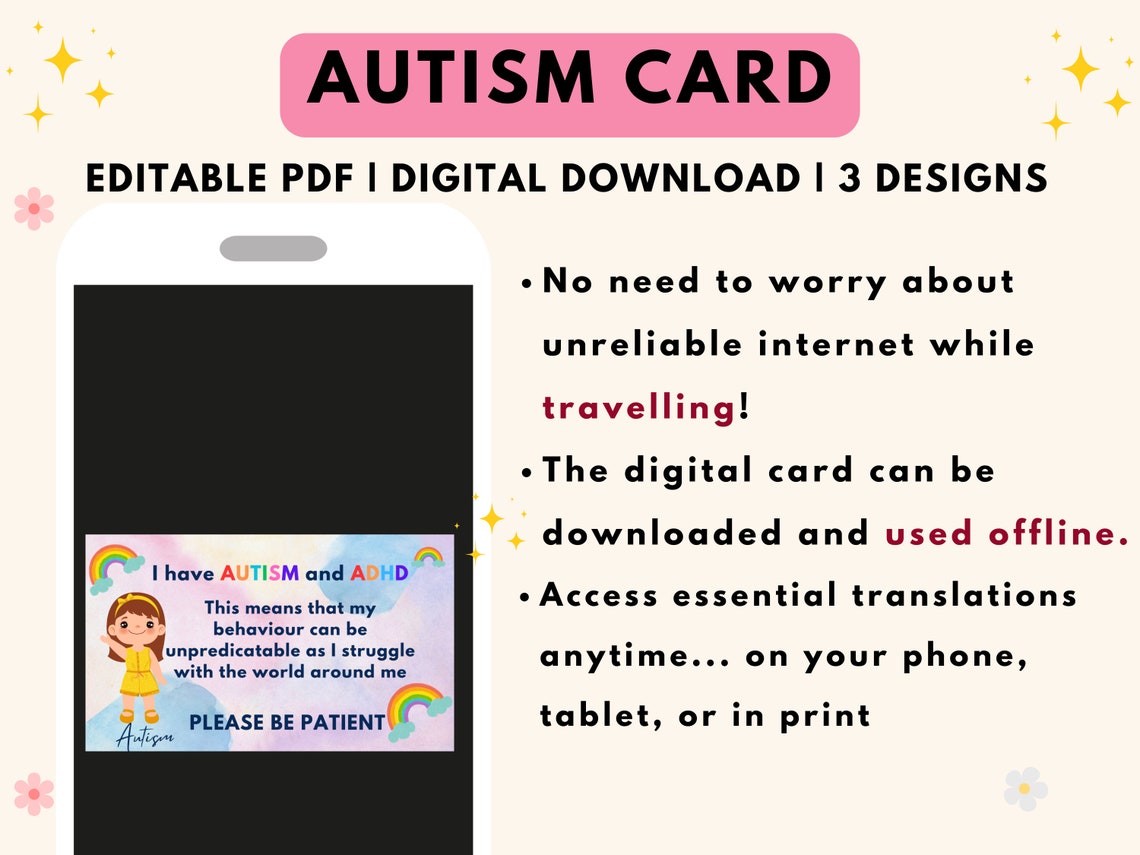 Autism Adhd Disability ID Medical Alert Card - I Have Autism Adhd ...