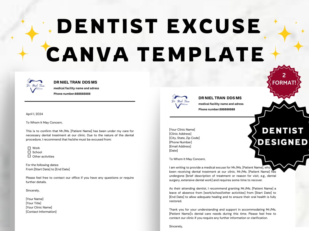 Editable Dentist Excuse Note Dr Excuse Template Doctor's Note for Work ...