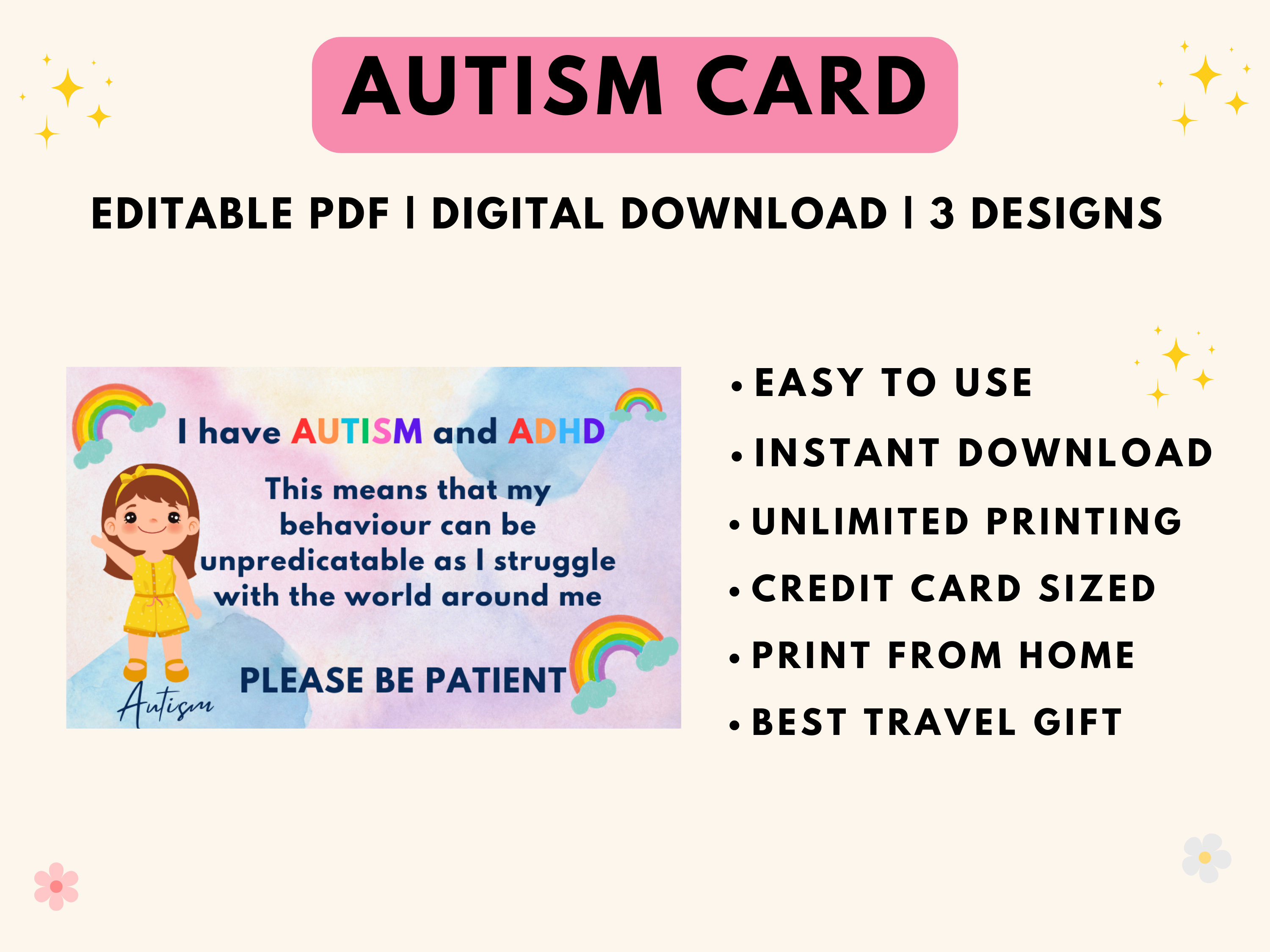 Autism Adhd Disability ID Medical Alert Card - I Have Autism Adhd ...