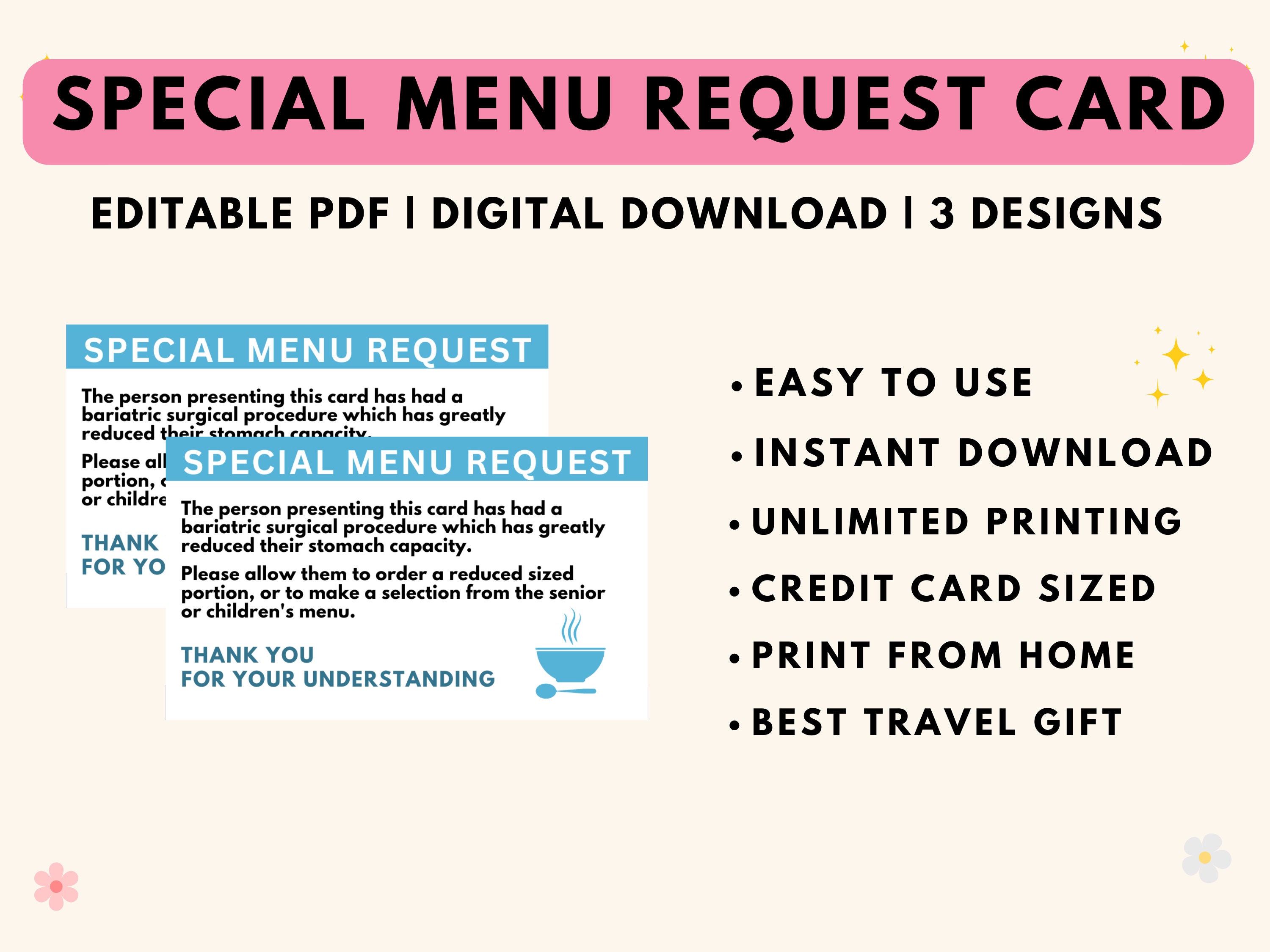 Bariatric Surgery Menu Request Card - Gastric Sleeve Bypass Band ...