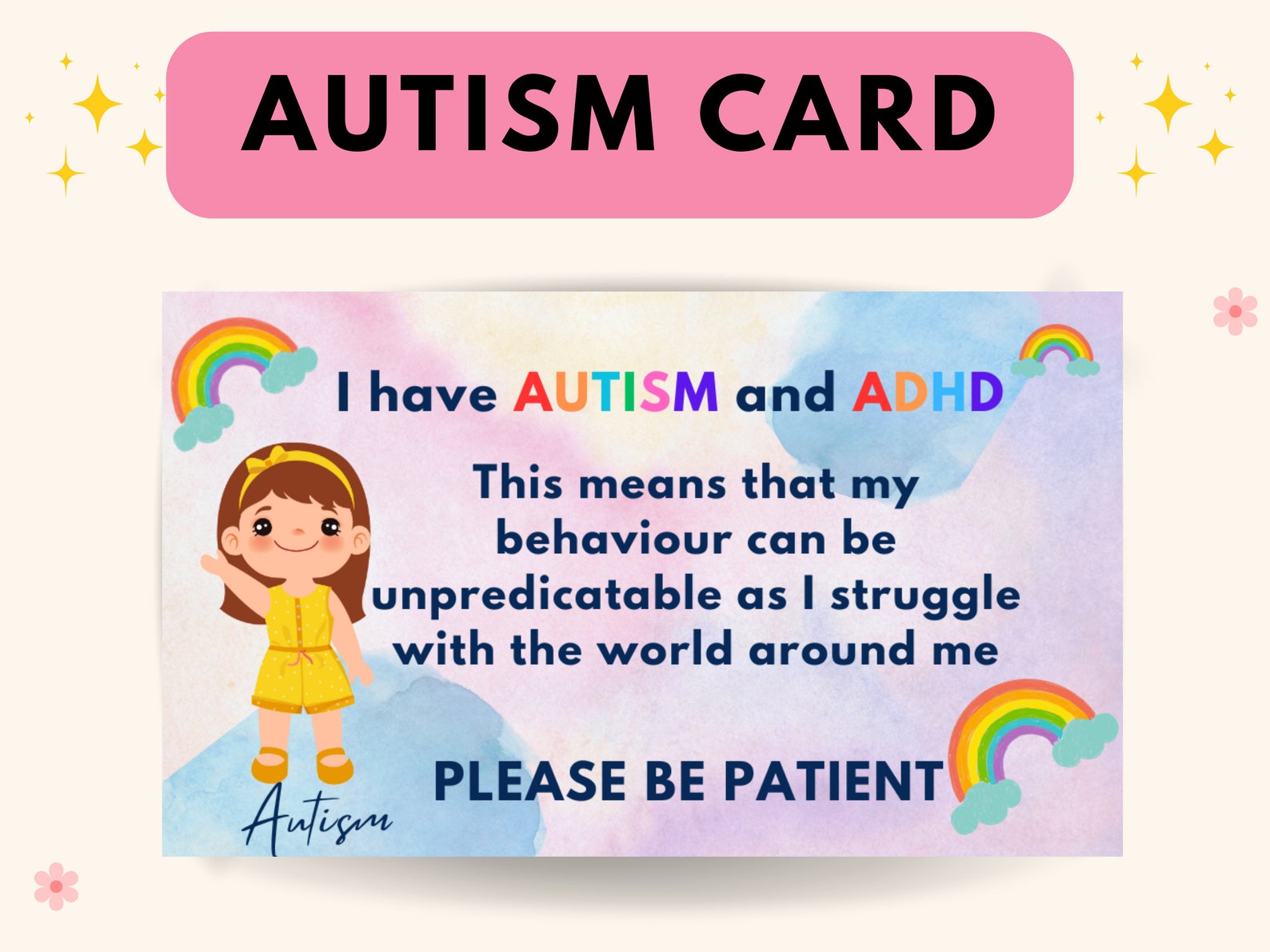 Autism Adhd Disability ID Medical Alert Card - I Have Autism Adhd ...