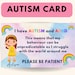 Autism Adhd Disability ID Medical Alert Card - I Have Autism Adhd ...