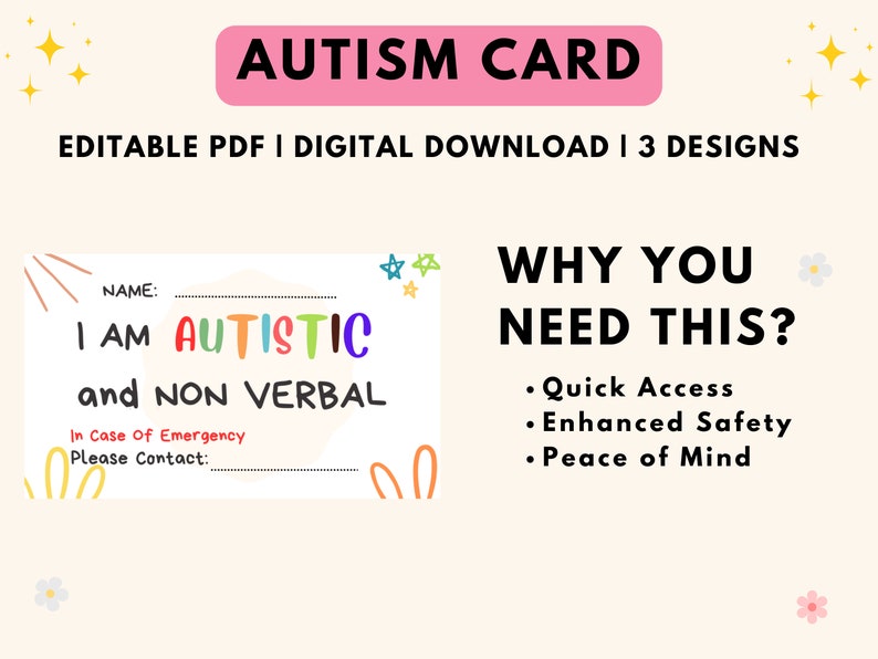 Autism ID Medical Card | I Am Autistic and Non Verbal Autism Alert Card ...