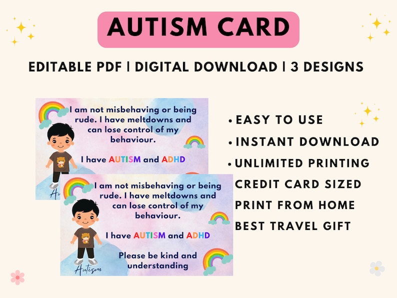 Autism Adhd Disability ID Medical Alert Card - I Have Autism Adhd ...