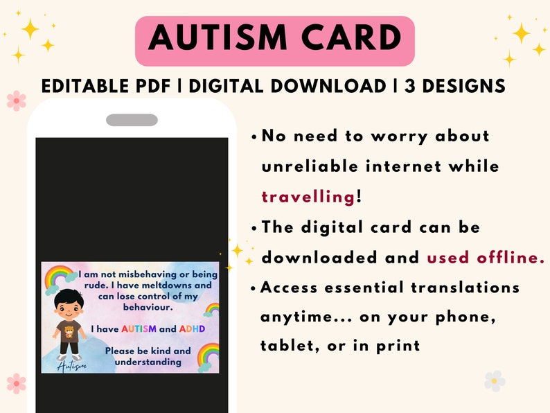 Autism Adhd Disability ID Medical Alert Card - I Have Autism Adhd ...