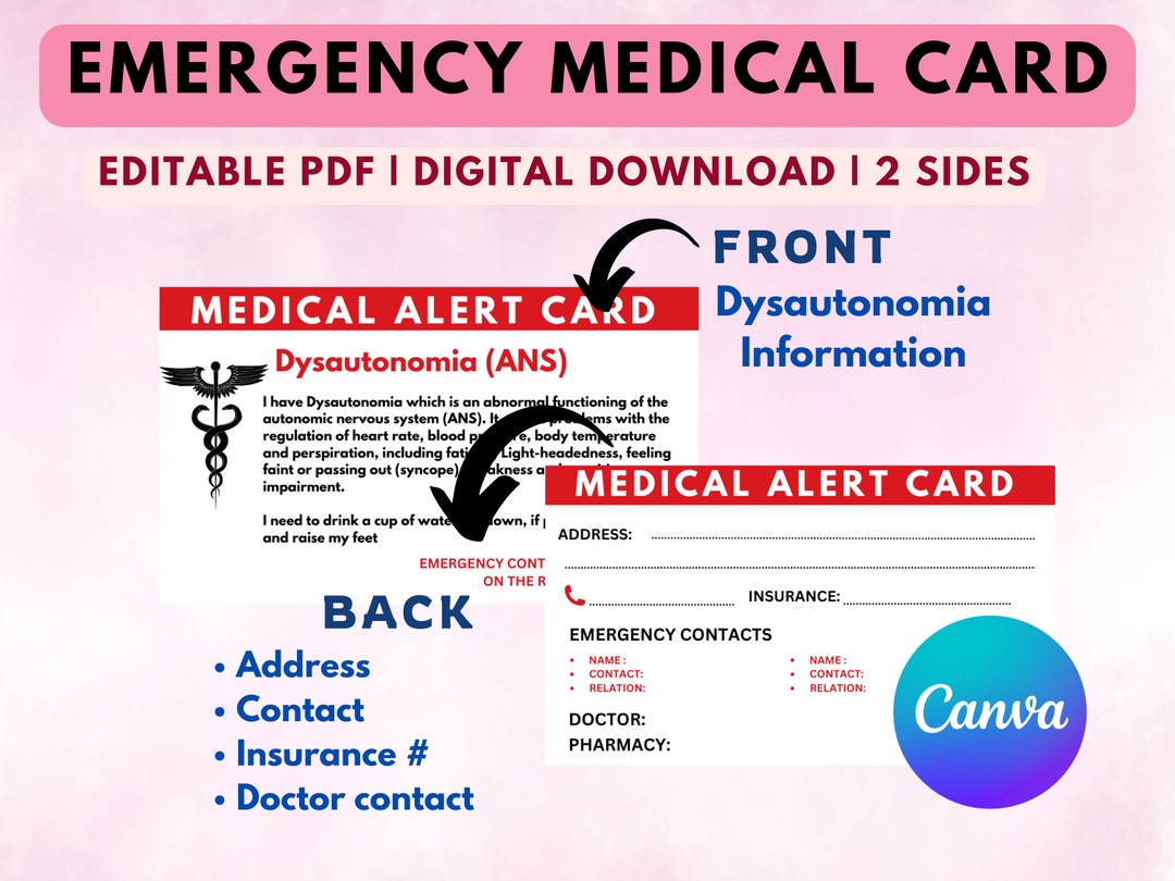 Dysautonomia (ANS) Awareness Medical Alert ID Card With Customisable ...