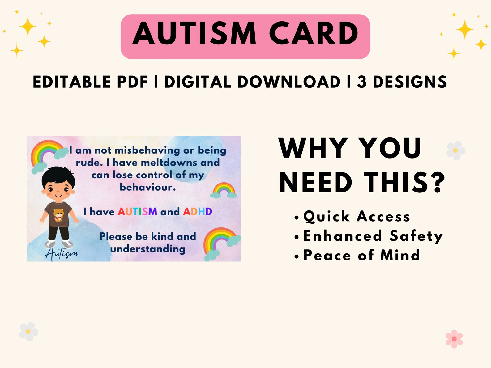 Autism Adhd Disability ID Medical Alert Card - I Have Autism Adhd ...