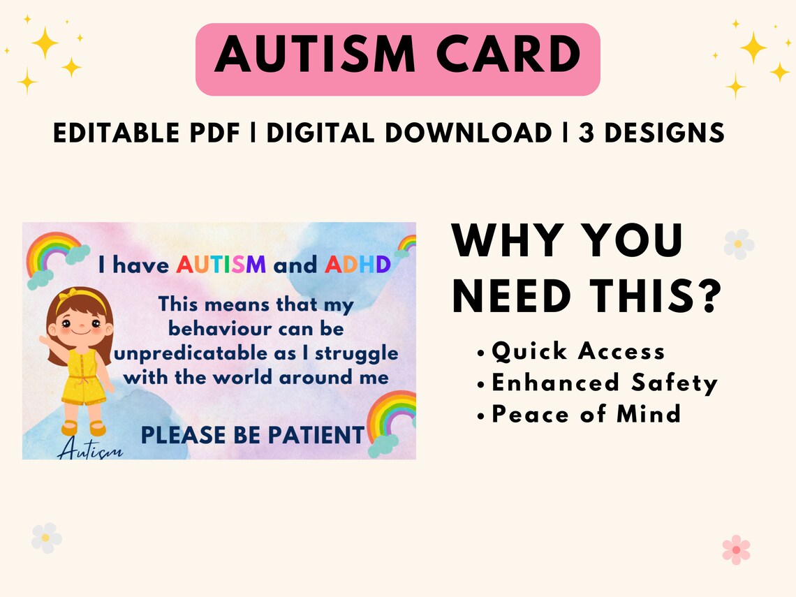 Autism Adhd Disability ID Medical Alert Card - I Have Autism Adhd ...