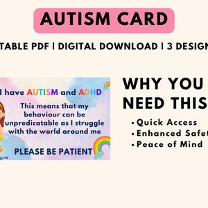 Autism Adhd Disability ID Medical Alert Card - I Have Autism Adhd ...