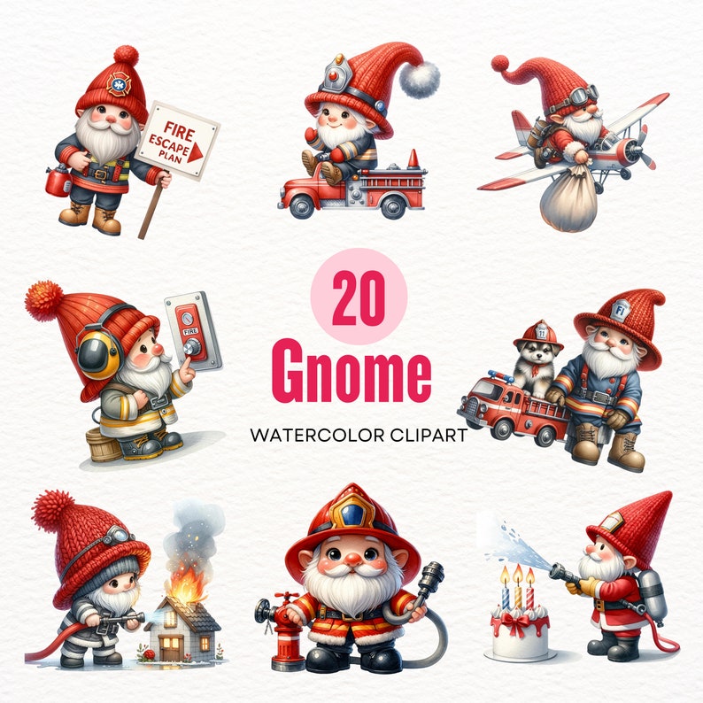 Firefighter Gnome Clipart Bundle, Fireman Gnome Picture, Watercolor ...