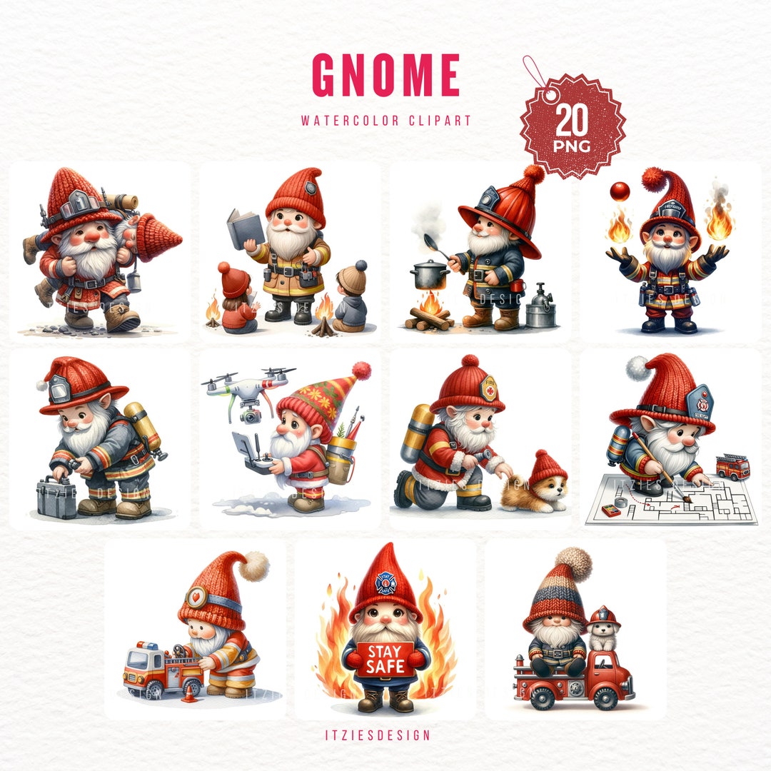 Firefighter Gnome Clipart Bundle, Fireman Gnome Picture, Watercolor ...