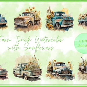 Vintage Farm Trucks Watercolor With Sunflowers Clip Art | Retro Farm ...