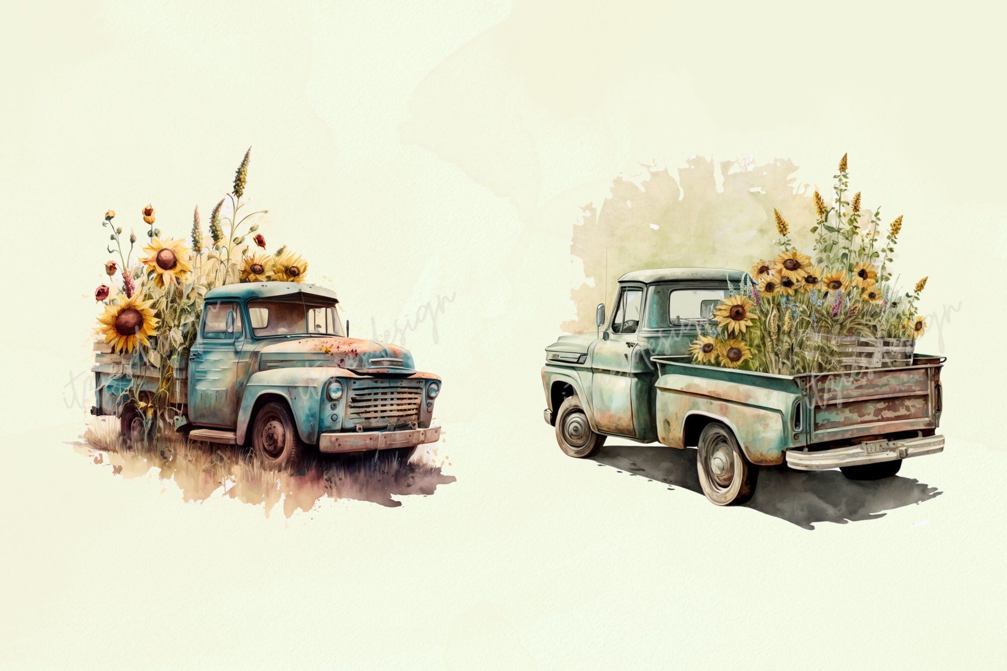 Vintage Farm Trucks Watercolor With Sunflowers Clip Art | Retro Farm ...