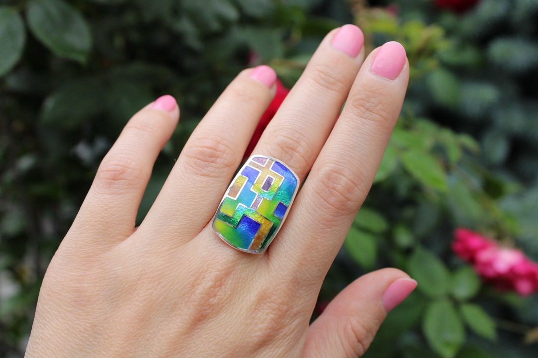 Georgian Cloisonne Enamel Ring Blue and Yellow Color Artisan Silver ...