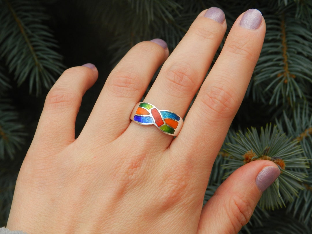 Georgian Cloisonne Enamel Ring Artisan Silver Jewelry Bright Colors ...