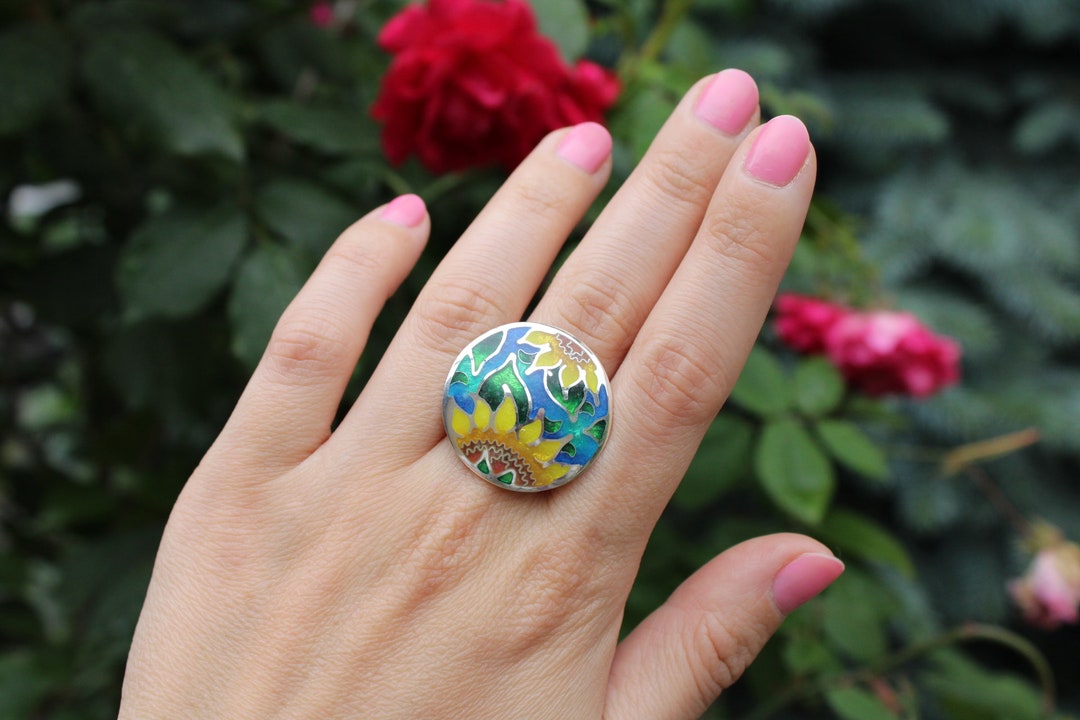 Georgian Cloisonne Enamel Ring Sunflower Statement Ring Artisan Silver ...