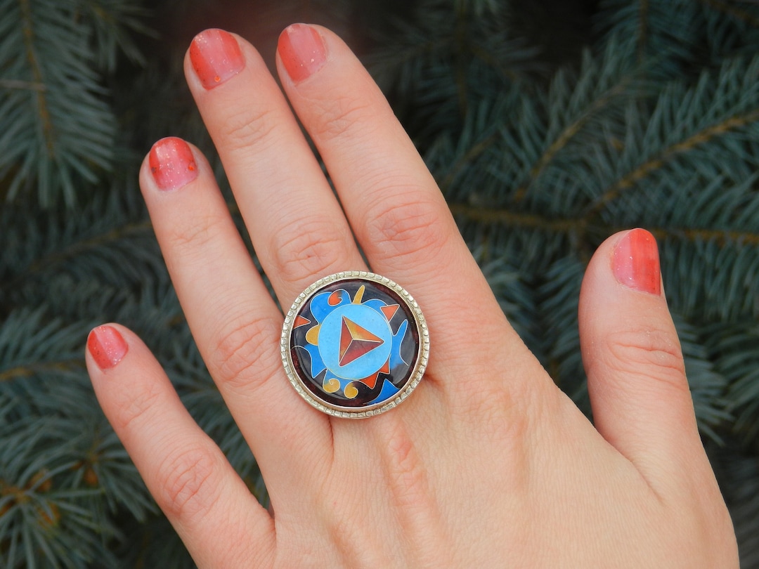 Georgian Cloisonne Enamel Ring Artisan Silver Jewelry Round Triangle ...
