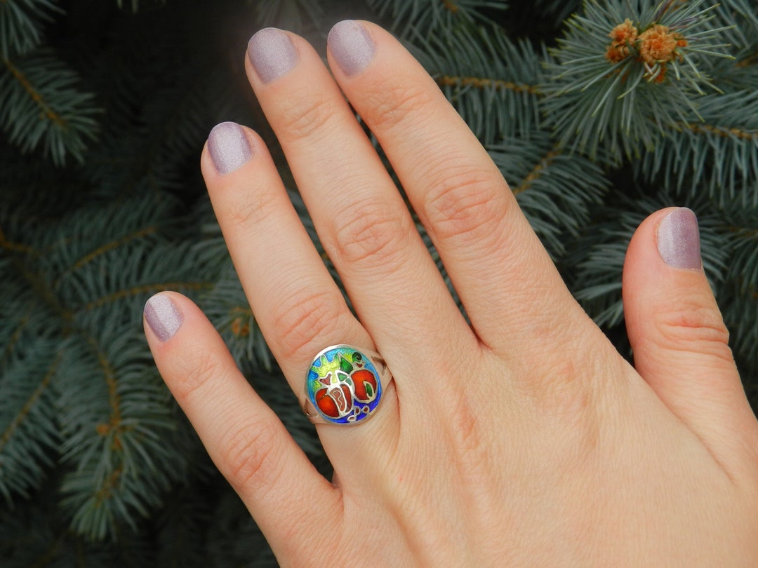 Georgian Cloisonne Enamel Ring Artisan Silver Jewelry Pomegranate ...