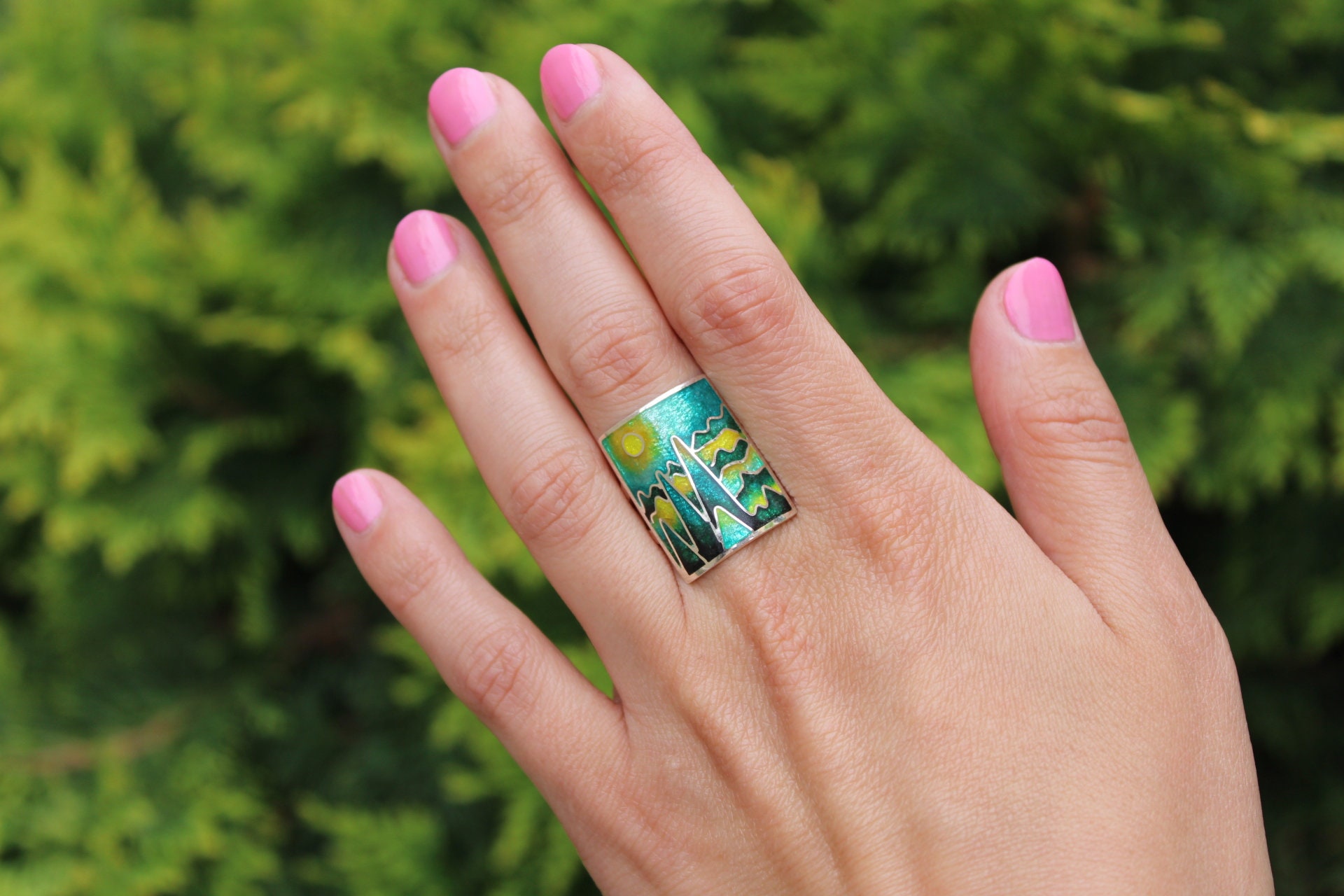 Georgian Cloisonne Enamel Ring Green Hills at Night Artisan Silver ...