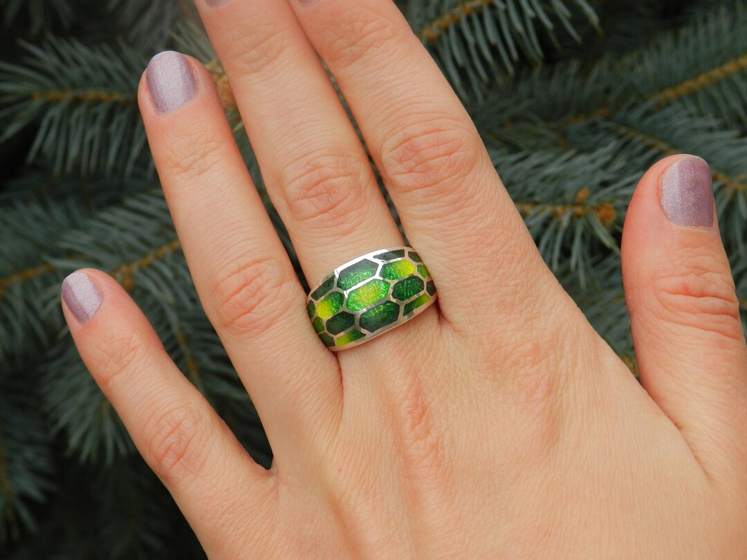 Georgian Cloisonne Enamel Ring Artisan Silver Jewelry Green and Yellow ...
