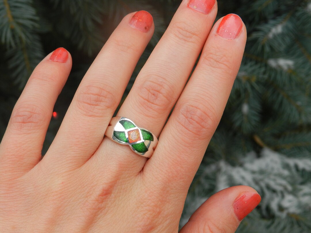 Georgian Cloisonne Enamel Ring Artisan Silver Jewelry Green Color ...