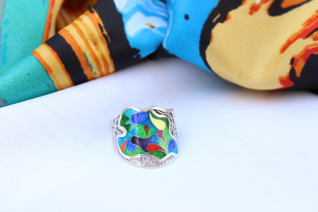 Georgian Cloisonne Enamel Ring Artisan Silver Jewelry Colorful Vitreous ...
