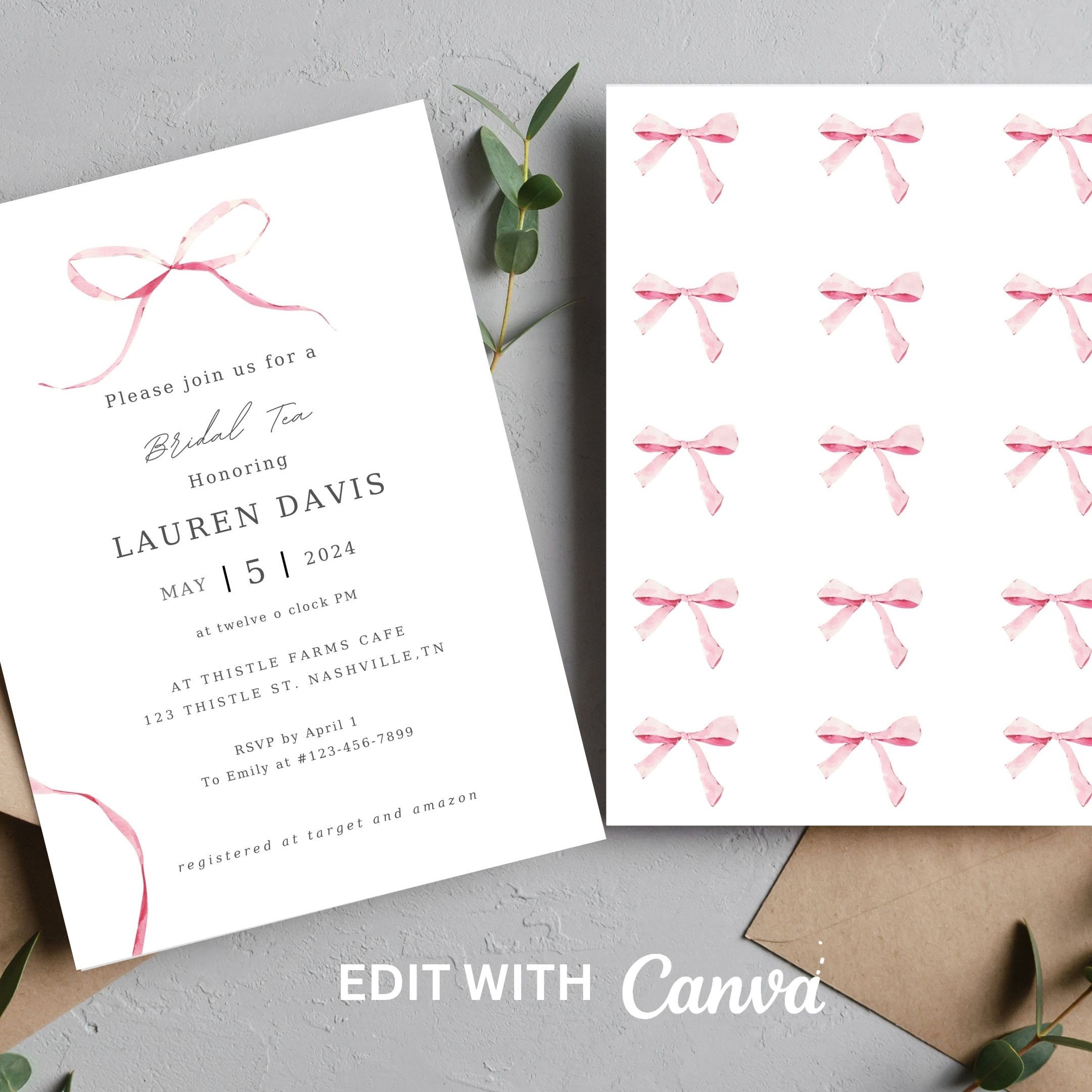 Bow Invitation Template, Pink Bow Template, Bridal Shower Template, Digital Template, Canva ...