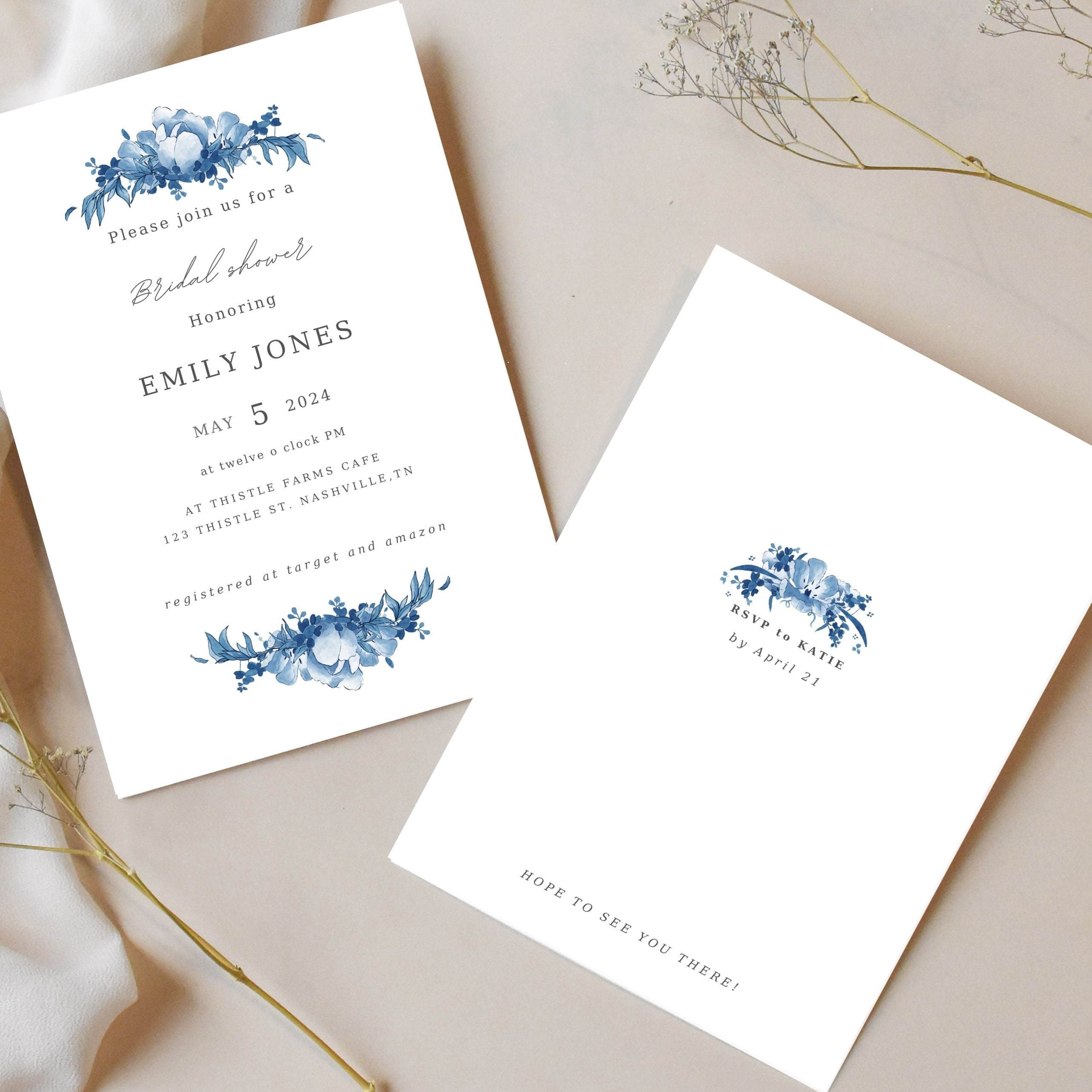 Blue Floral Invitation Template, Canva Template, Personalized Wedding ...