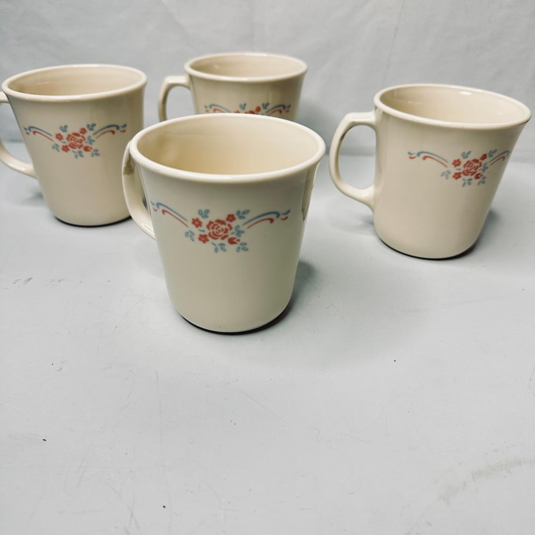 Corning Ware Set of 4 Cream Floral Mugs Microwave Safe USA Vintage ...