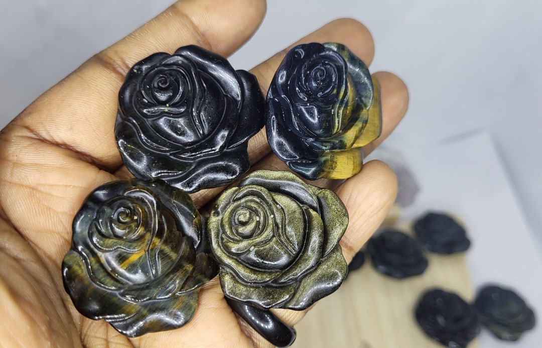 Blue Tigers Eye Rose Carving, Goldensheen Obsidian Rose Flower Carving ...
