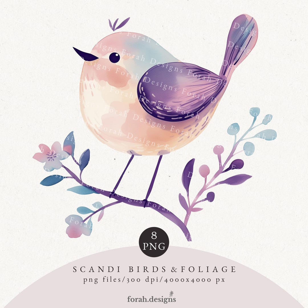 8 Scandi Bird Watercolor Clipart, PNG Files, Scandi Birds Foliage ...